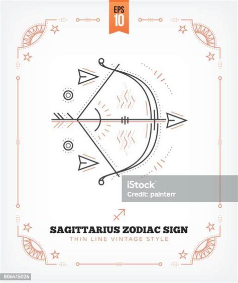 빈티지 선 궁수자리 조디악 로그인 레이블입니다 복고풍 벡터 점성 학 기호 신비주의 신성한 기하학 요소 엠 블 럼 로고 스트로크 윤곽선 그림입니다 흰색 배경에 고립 0명에