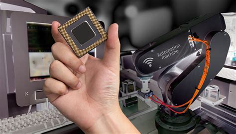 업계 40 기계 학습 인공 지능 개념 남자 양복 손을 잡고 Ai 칩셋과의 블루 톤 자동화 플레어 효과와 스마트 공장 백그라운드로 무선 로봇 팔 공연에 대한 스톡 사진 및