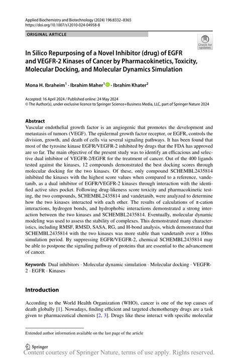 In Silico Repurposing Of A Novel Inhibitor Drug Of Egfr And Vegfr 2 Kinases Of Cancer By