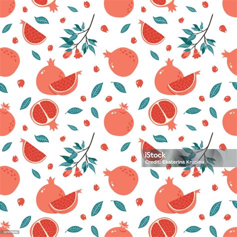 석류 원활한 패턴 절반 슬라이스 및 전체 육즙 가넷 잎 씨앗과 가지 배경 직물 포장지 메뉴 식품 패키지 및 인테리어 디자인을위한