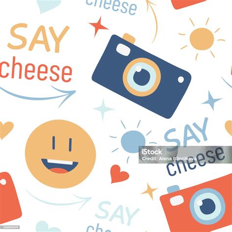 그리고 Say Cheese라는 문자를 보냅니다 사진을 찍습니다 스냅 사진 사진을 찍기 위해 미소를 짓습니다 렌즈 기술 웃는 이모티콘 패턴에 대한 스톡 벡터 아트 및 기타