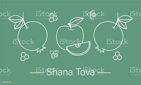 Rosh Hashanah 녹색 배경에 사과 석류 및 꿀벌이있는 인사말 카드 디자인 선형 예술 벡터 일러스트 레이 션 유대교 신년제에 대한 스톡 벡터 아트 및 기타 이미지