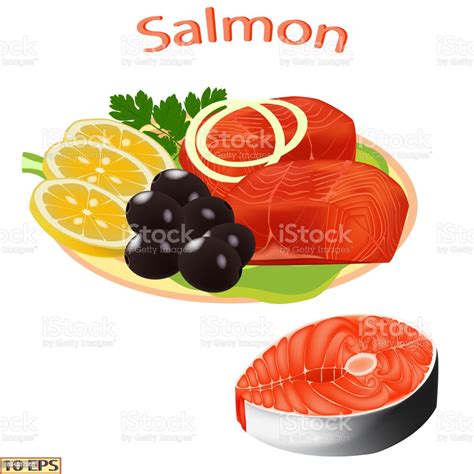 물고기입니다 연어입니다 스테이크 연어 흰색 배경에 고립입니다 현실적인 스타일 스테이크 생선입니다 바다 식품 제품 디자인입니다 벡터입니다 건강한 식생활에 대한 스톡 벡터 아트