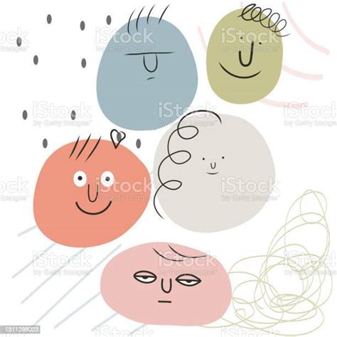 다양한 감정과 둥근 추상 만화 얼굴 현대 손 그린 벡터 일러스트 0명에 대한 스톡 벡터 아트 및 기타 이미지 0명 감정 귀여운 Istock