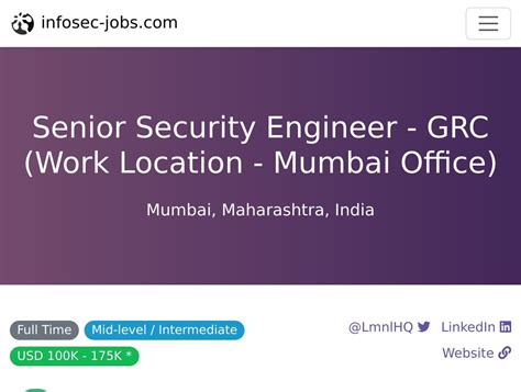 Hiring Senior Security Engineer Grc Work Location Mumbai Office In Mumbai Maharashtra