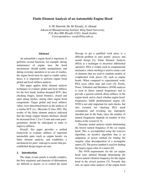 Pdf Finite Element Analysis Of An Automobile Engine Hood