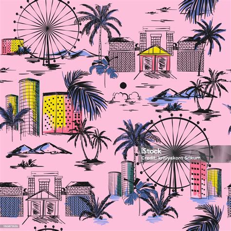 도시 여름 분위기 완벽 한 패턴입니다 벡터 휴가 일러스트 건축 건물 바퀴 야자수 산 디자인 패션 직물 웹 벽지 및 모든 인쇄