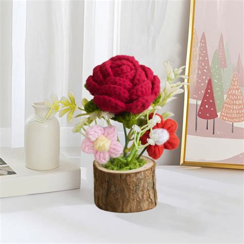 Grrvtrz Potted Plants Artificialhome Decorcrochet Rose Flowers
