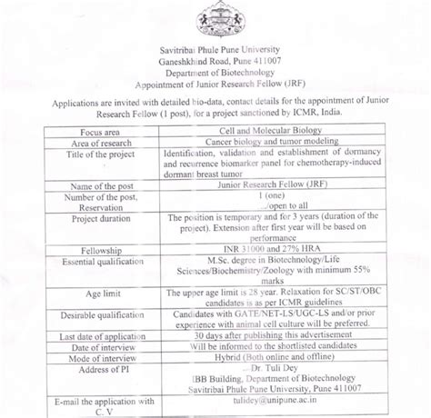 Jrf Position For Icmr Project At Sppu Pune Jaivikshastram Jaivikshastram Education