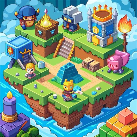 Isometric View Of A Game World With Floating Islands Characters And Buildings Premium Ai