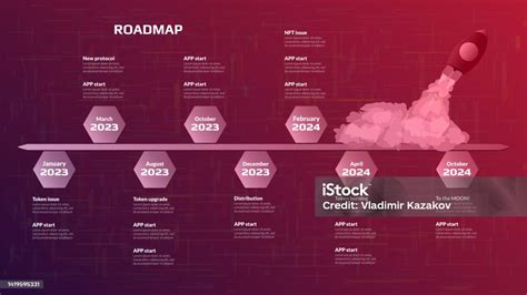 육각형 스테이지가있는 수평 로드맵과 빨간색 배경에 우주선 발사 비즈니스 프레젠테이션을 위한 타임라인 인포그래픽 템플릿입니다 벡터 Launch Party에 대한 스톡 벡터