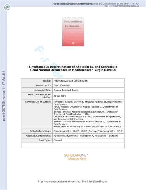 Pdf Simultaneous Determination Of Aflatoxin B1 And Ochratoxin A And Natural Occurrence In