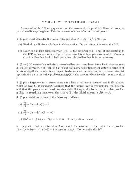 Exam 1 Problems Elementary Differential Equations Math 214 Docsity