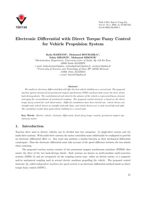 PDF Electronic Differential With Direct Torque Fuzzy Control For Vehicle Propulsion System