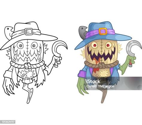 หุ่นไล่กาที่น่ากลัว สมุดระบายสี ภาพประกอบตลก ภาพประกอบสต็อก ดาวน์โหลดรูปภาพตอนนี้ การออกแบบ