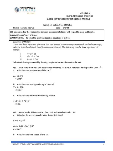 equations of motion solving problems involving displacement velocity