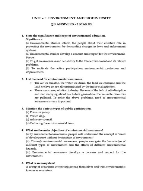 Unit 1 Qb With Answers For 2 Marks Pdf Biodiversity Ecosystem