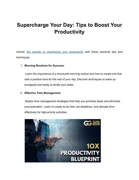 Ppt Supercharge Your Day Tips To Boost Your Productivity Guniguru Powerpoint Presentation