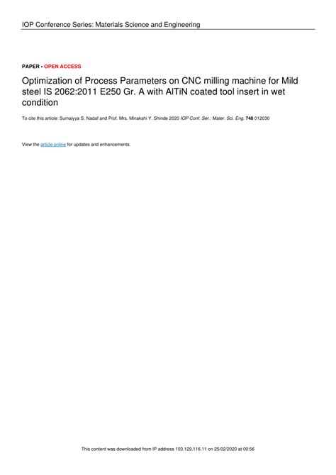 Pdf Optimization Of Process Parameters On Cnc Milling Machine For Mild Steel Is 20622011 E250