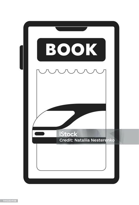 모바일 장치를 통해 온라인으로 기차표 예약 흑백 개념 벡터 스팟 일러스트레이션 2차 도형에 대한 스톡 벡터 아트 및 기타 이미지