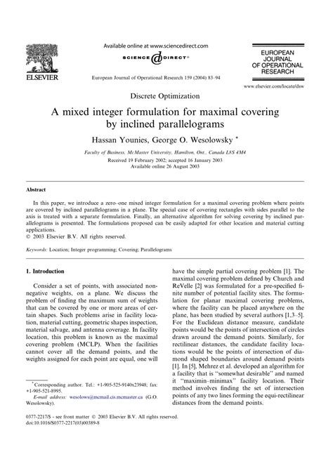 PDF A Mixed Integer Formulation For Maximal Covering By Inclined