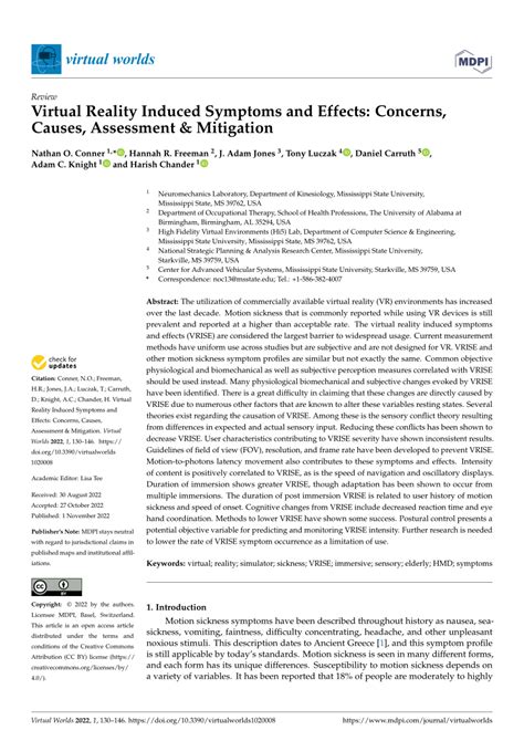 Pdf Virtual Reality Induced Symptoms And Effects Concerns Causes Assessment And Mitigation