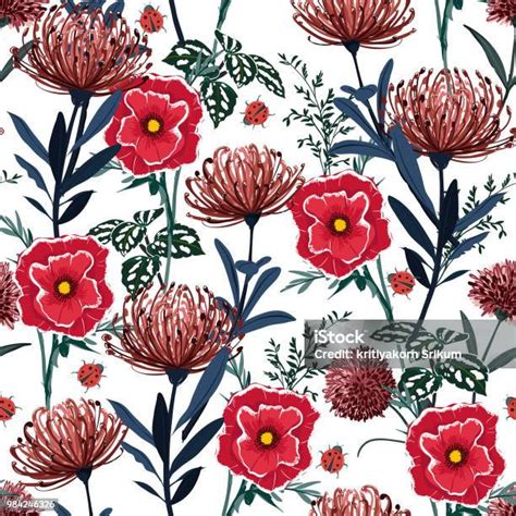 여름 스케치 붉은 꽃 패션 정원에서 여름 분위기에 밝은 색상 패턴 원활한 벡터 인쇄 귀여운에 대한 스톡 벡터 아트 및 기타 이미지 귀여운 꽃 나무 꽃 식물 Istock