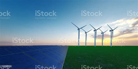 열린 풍경에서 풍력 터빈 및 태양 에너지 3d 일러스트 레이 션 지속 가능한 자원에 대한 스톡 사진 및 기타 이미지 지속 가능한 자원 태양전지판 성장 개념 Istock