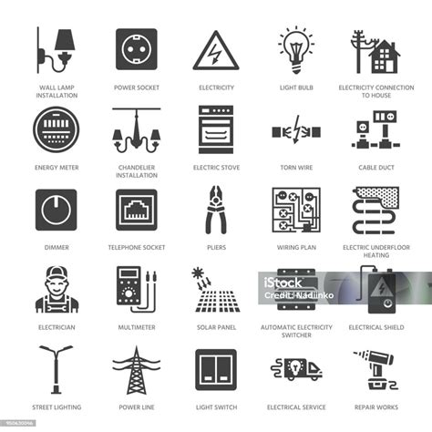 전기 공학 벡터 평면 모양 아이콘입니다 전기 장비 전원 소켓 찢어진 와이어 에너지 미터 램프 배선 멀티 미터 전기 신호 서비스