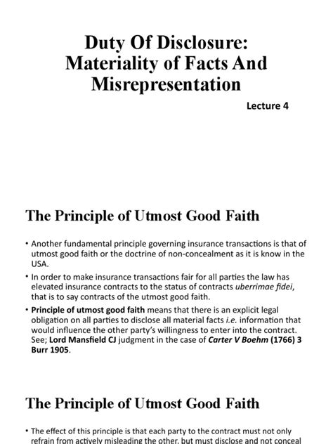 Unit 4 Duty Of Disclosure Materiality Of Facts And Misrepresentation