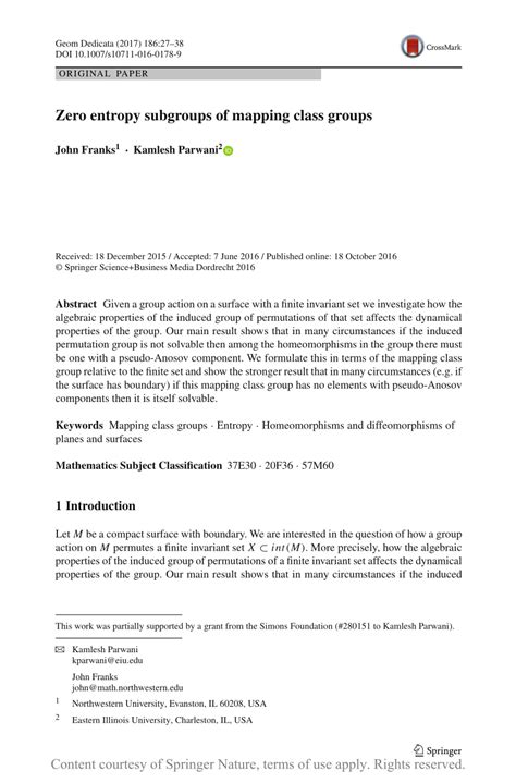 Zero Entropy Subgroups Of Mapping Class Groups Request Pdf