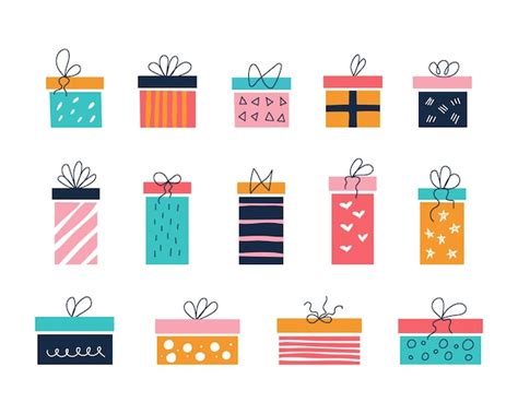 평평한 낙서 스타일의 활과 흰색 배경에 다양한 크기의 다채로운 선물 상자 세트 프리미엄 벡터