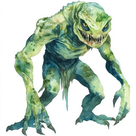 Watercolor Mutant Creature Full Body Clip Art A Green Monstrous