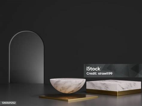 어두운 배경에 골드 받침대 계단과 아치 입구와 흰색 대리석의 3d 렌더링 모형 0명에 대한 스톡 사진 및 기타 이미지 0명 금 금속 금속의 Istock