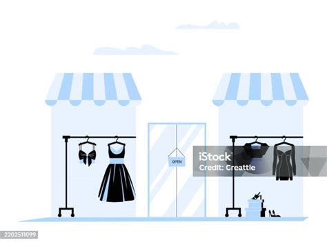 의류 상점 정면 패션 아이템 디스플레이 플랫 벡터 일러스트 레이 션 상징 소매 쇼핑 부티크 패션 트렌디 한 의류 흰색 배경에 고립 쇼윈도에 대한 스톡 벡터 아트 및 기타