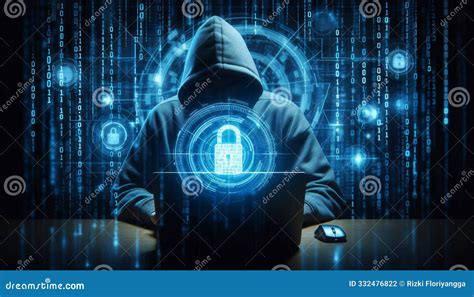 Hacker At A Workstation Typing On A Laptop With A Backdrop Of Binary Code And A Padlock Stock