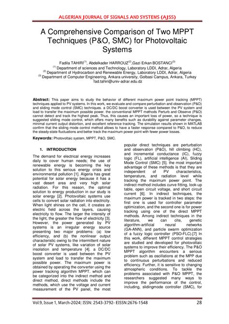 Pdf A A Comprehensive Comparison Of The Two Mppt Techniques Pando Smc For Photovoltaic Systems