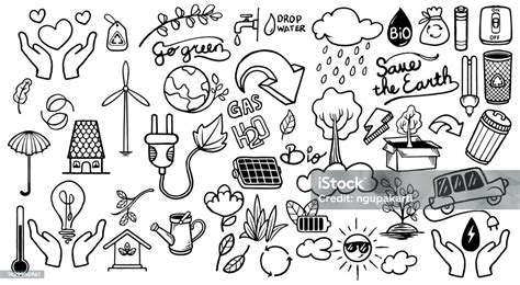 손으로 그린 생태 낙서 아이콘 세트는 흰색 배경에 고립 된 지구를 구합니다 0명에 대한 스톡 벡터 아트 및 기타 이미지 0명 곡선 나무 Istock