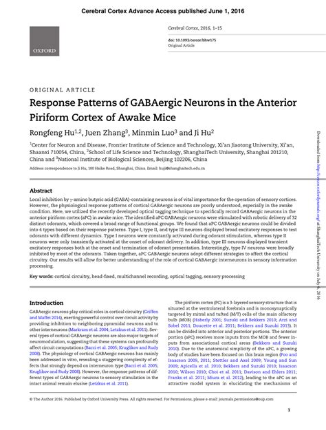 Pdf Response Patterns Of Gabaergic Neurons In The Anterior Piriform