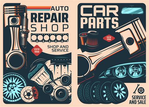 Spare Parts Shop And Car Service Retro Posters 13210738 Vector Art At