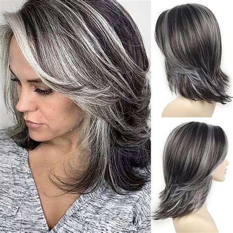 Layered Gray Wigs For White Women Short Silver Mixed Grey Wigs With