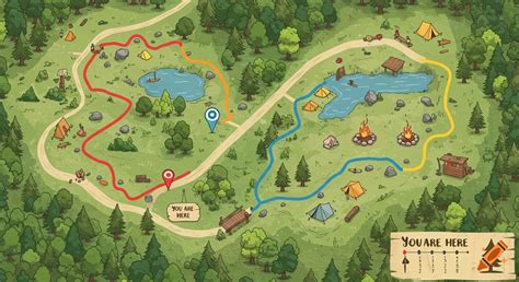 An Illustrated Top Down Map Of A Peaceful Woodland Camping Area With