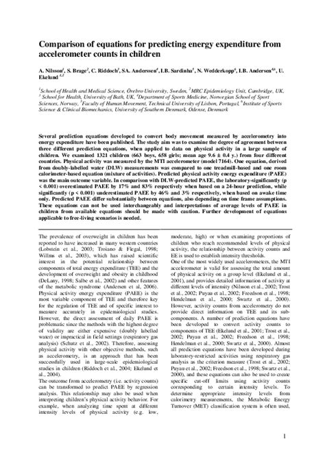 Pdf Comparison Of Equations For Predicting Energy Expenditure From Accelerometer Counts In