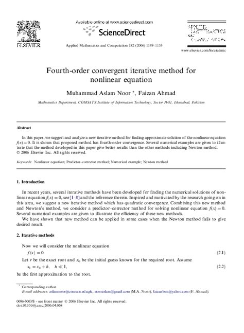 Pdf Fourth Order Convergent Iterative Method For Nonlinear Equation