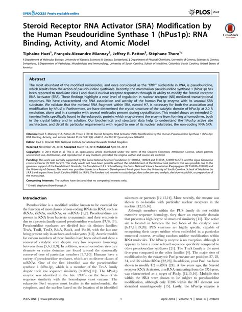 Pdf Steroid Receptor Rna Activator Sra Modification By The Human Pseudouridine Synthase 1