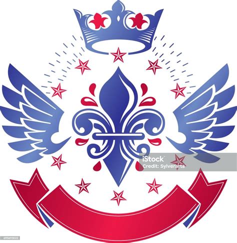 빅토리아 날개 상징은 백합 꽃 군주 크라운과 오각형 별을 사용 하 여 구성 로얄 품질 상 벡터 디자인 요소 비즈니스 라벨입니다 고급에 대한 스톡 벡터 아트 및 기타 이미지