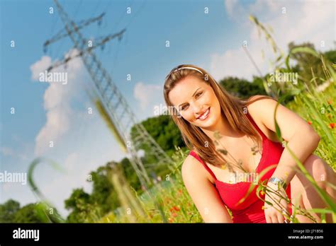 Woman Field Crouch Crouching Put Sitting Sit Meadow Grain Cereal Woman