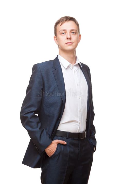 Young Handsome Businessman Black Suit Standing Straight Putting His