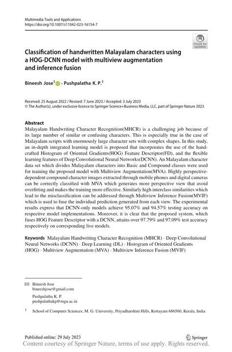 Classification Of Handwritten Malayalam Characters Using A Hog Dcnn Model With Multiview
