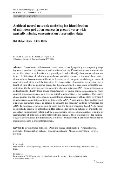 Pdf Artificial Neural Network Modeling For Identification Of Unknown Pollution Sources In